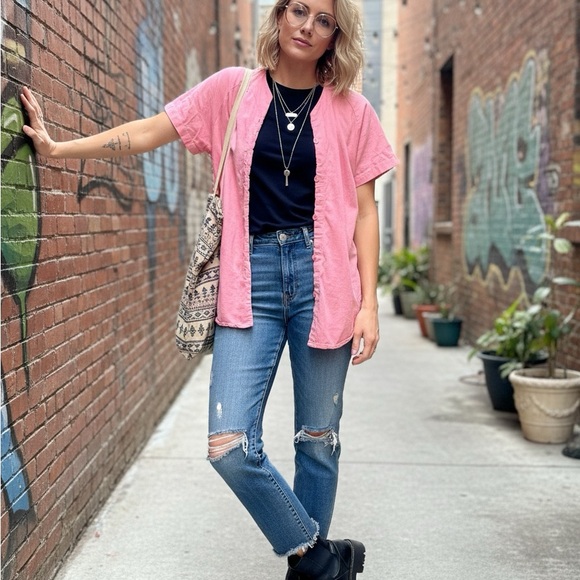 Stamp | Tops | True Vintage Pink Button Up Or Overshirt | Poshmark